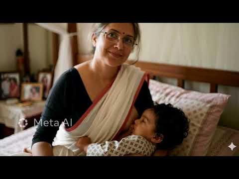 An elderly mother white saree and full sleeve black blouse breastfeeding her baby smiling lovingly