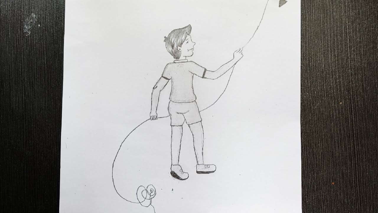 How to draw a boy flying kite step by step - YouTube