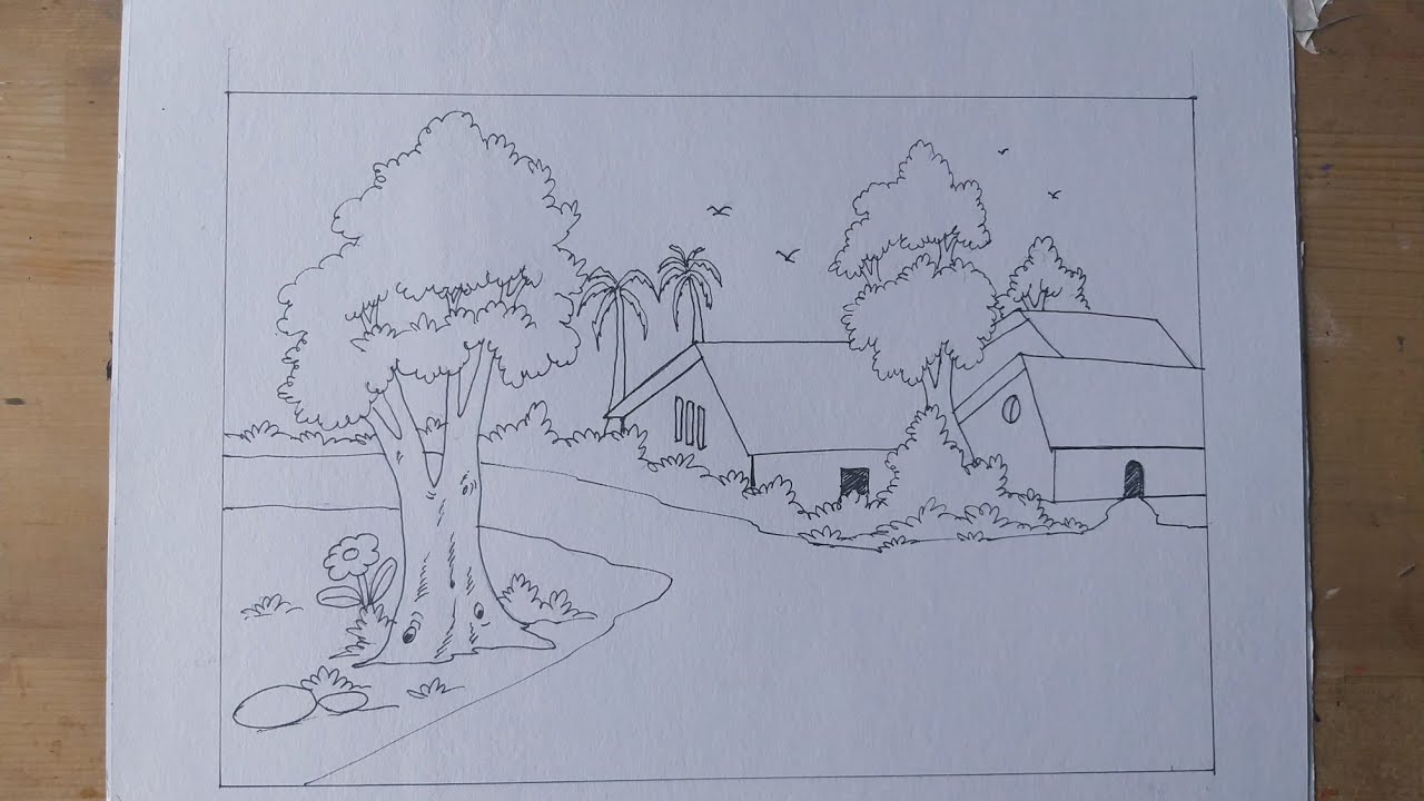 How to draw village drawing || landscape || outline - YouTube