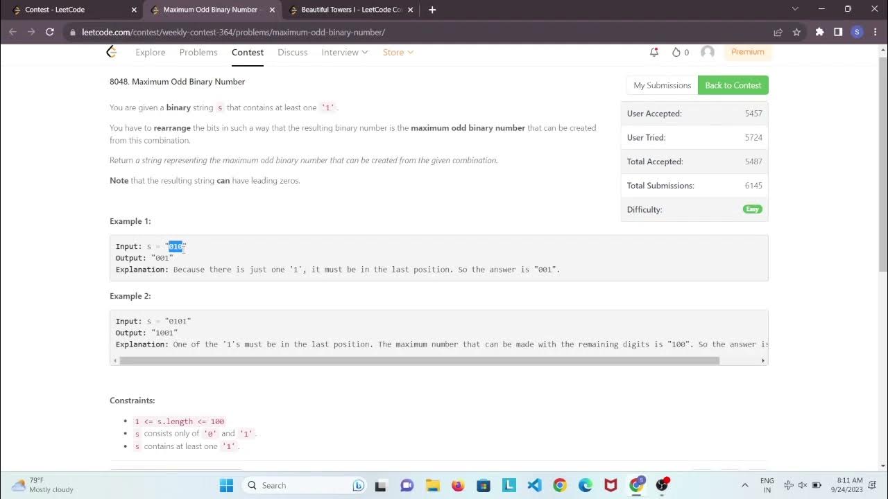 Leetcode Weekly 364 Java Solution 8048 Maximum Odd Binary Number Youtube