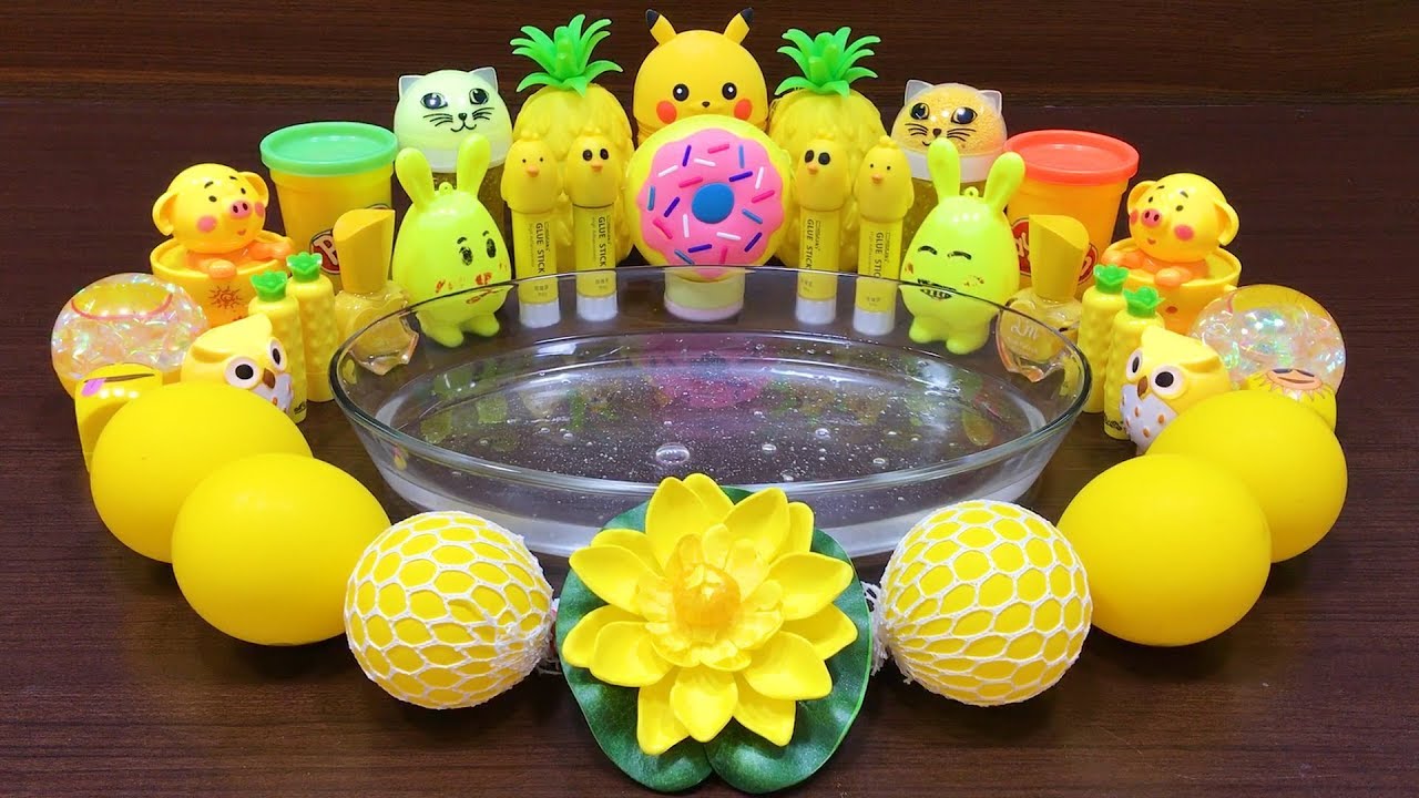 Series YELLOW Slime! Mixing Random Things into Clear Slime ...