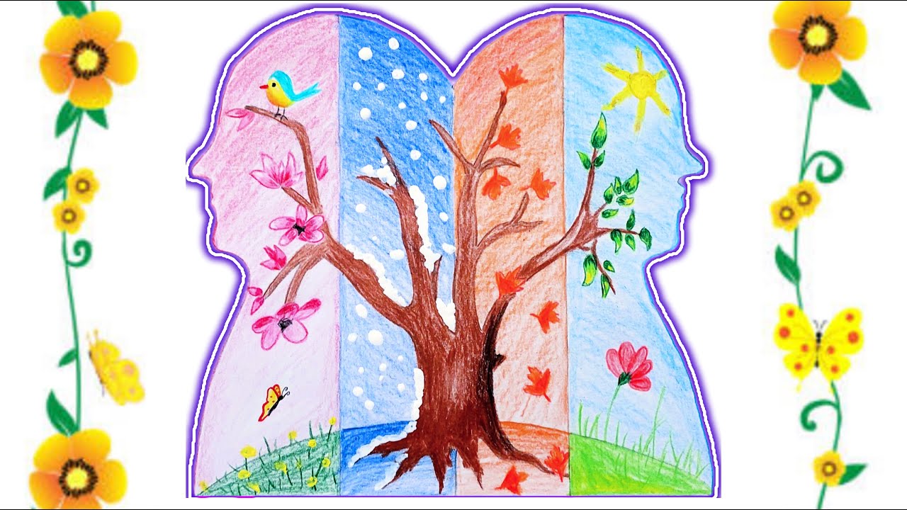Seasons drawing | Draw four seasons tree scenery with color pencil ...