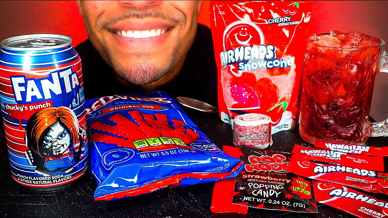 ASMR EATING ALL RED COLOR CANDY FOOD ONLY PARTY MUKBANG JERRY POP ROCKS ...