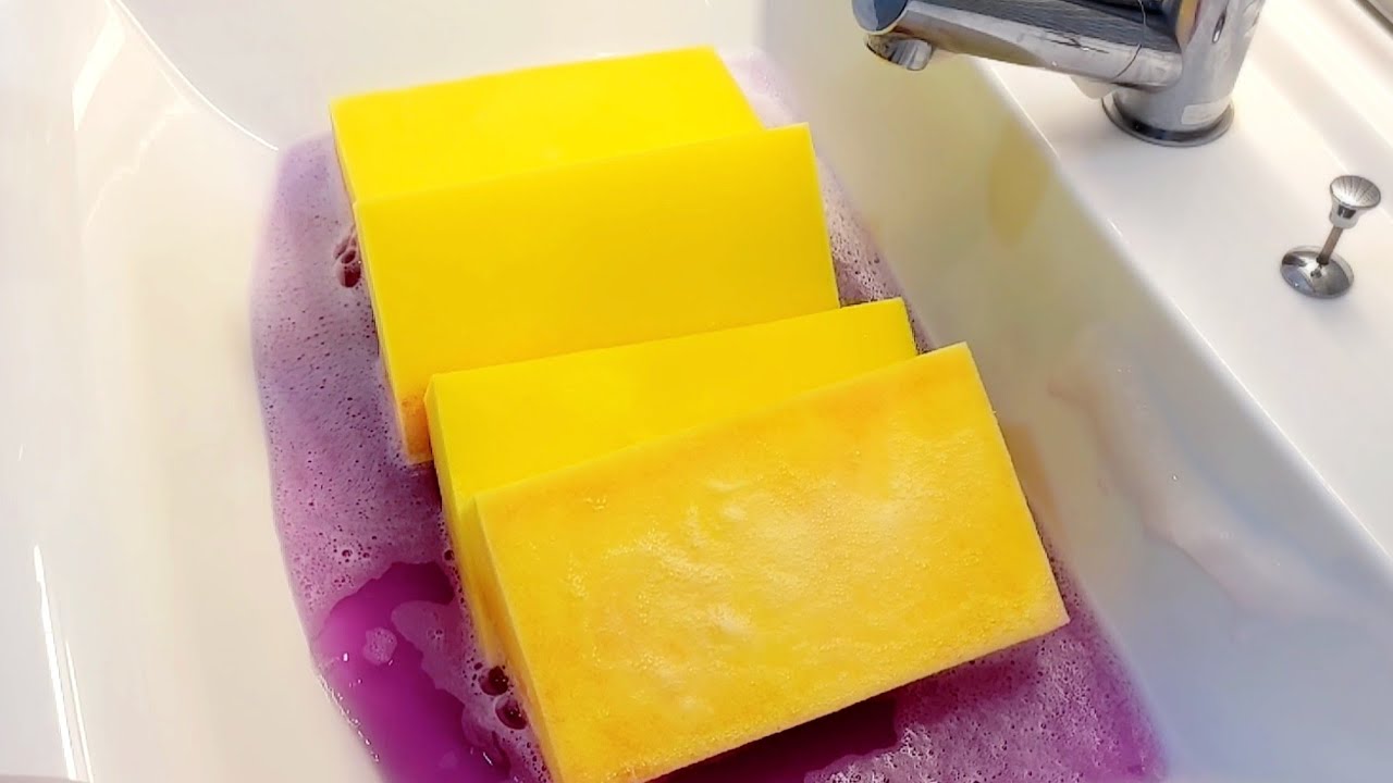 ASMR】New grout sponges × Purple💟💟Second squeeze and rinse - YouTube