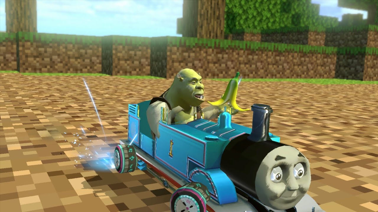 Shrek driving Thomas the tank engine with Hatsune miku wheels on a ...