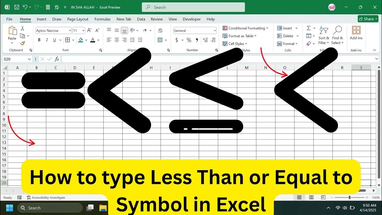 How to type Less Than or Equal to Symbol in Excel in 2024 - YouTube