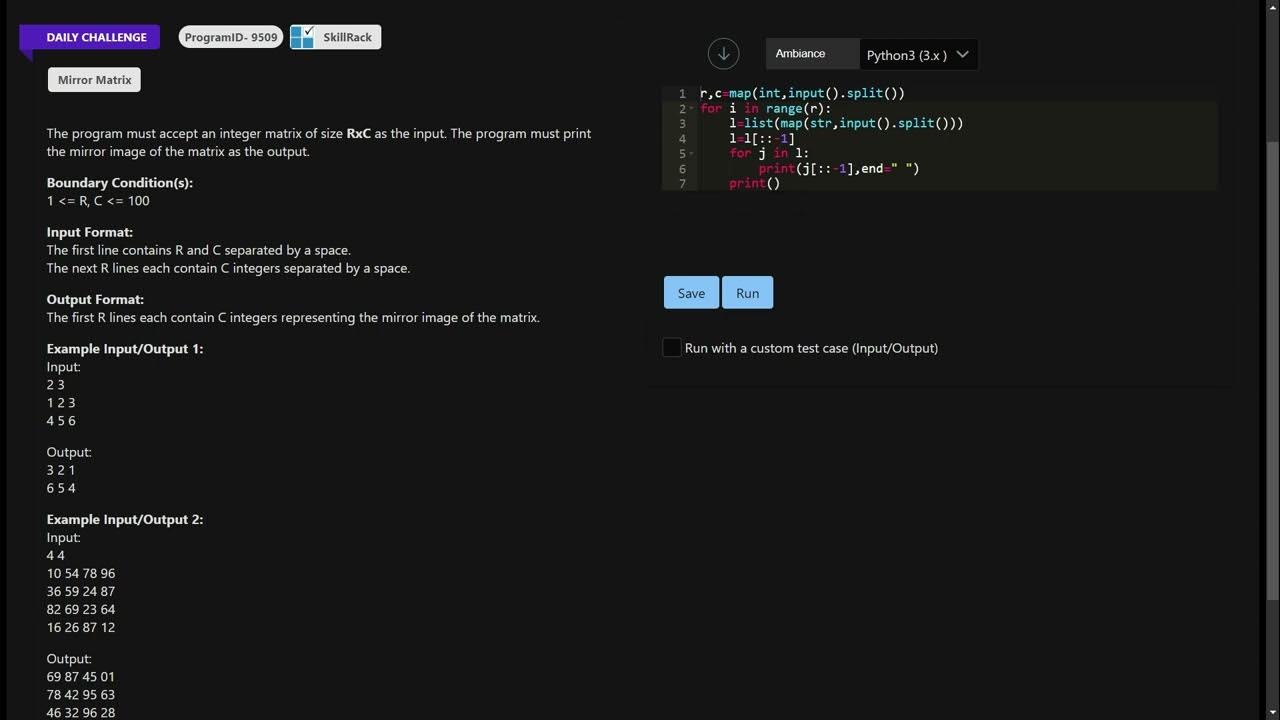 SKILLRACK | DAILY CHALLENGE || 11/11/2023 || MIRROR MATRIX || PROGRAM ID 9509 || PYTHON || - YouTube