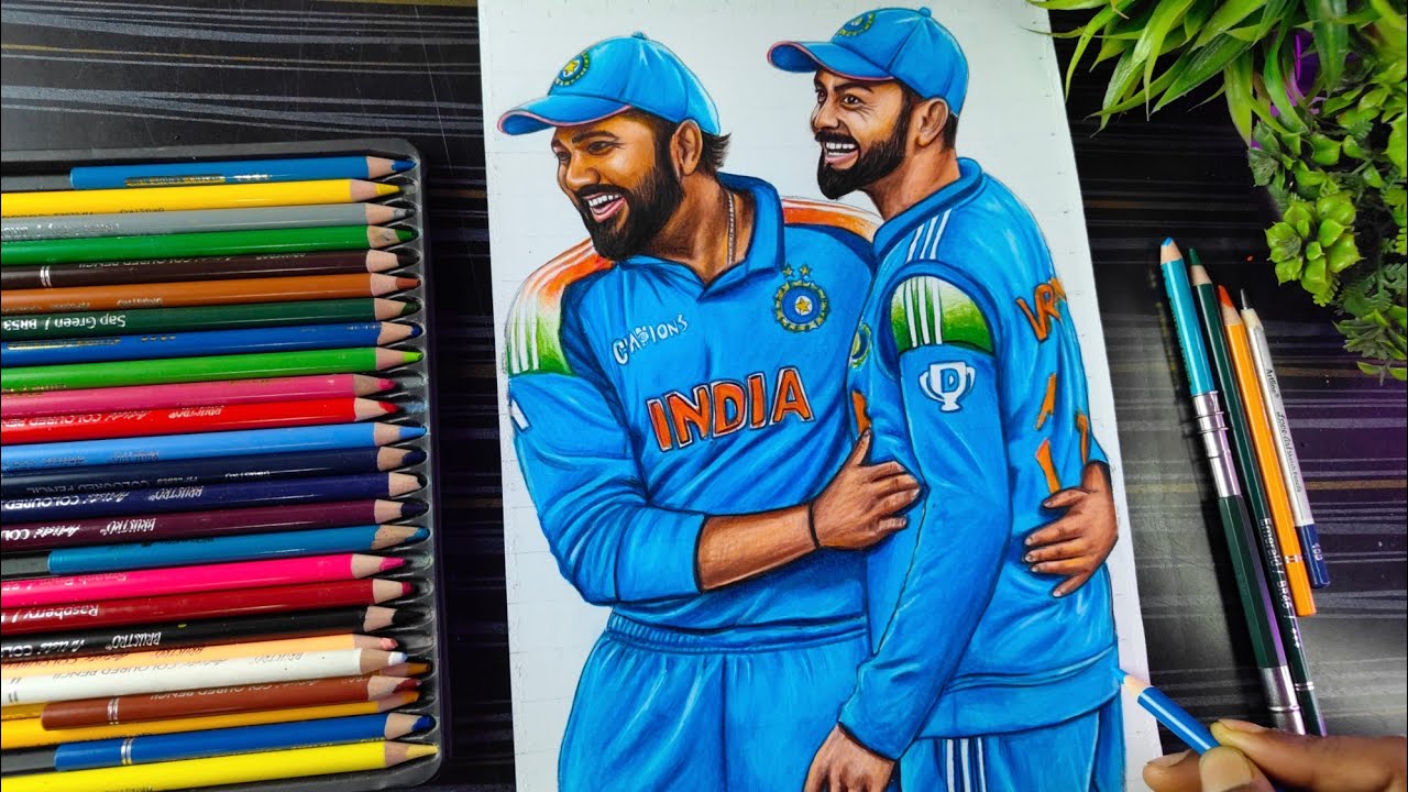 Virat Kohli & Rohit Sharma Drawing, ROKO Drawing ️‍🩹Colour Pencil, Step ...