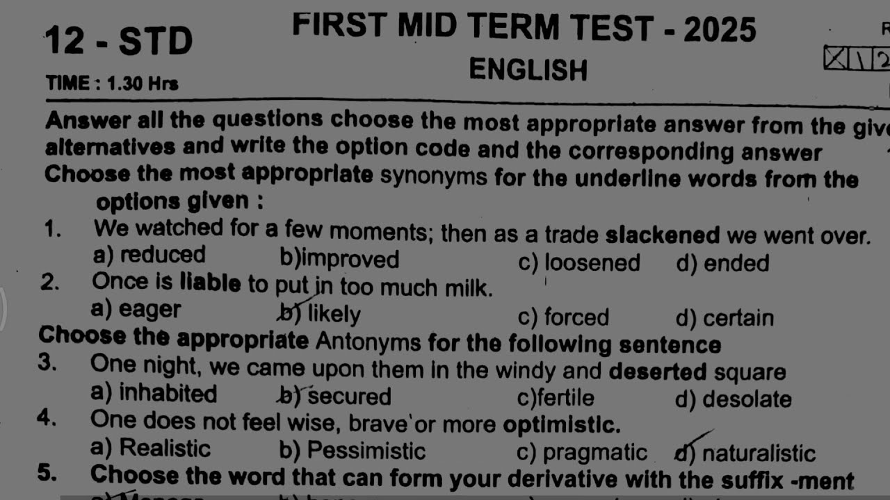 12th English first midterm exam original question paper 2025 | 12th std ...