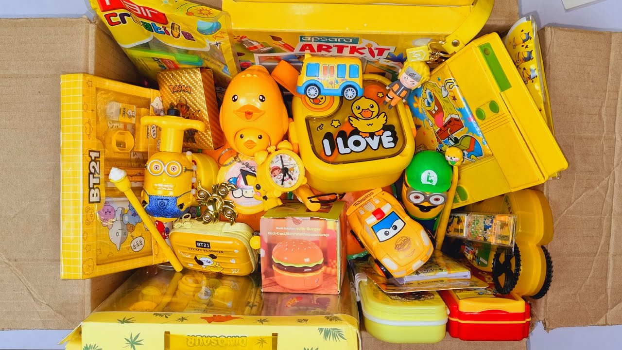 Box full of yellow stationery - bike pencil box, apsara art kit, birger ...