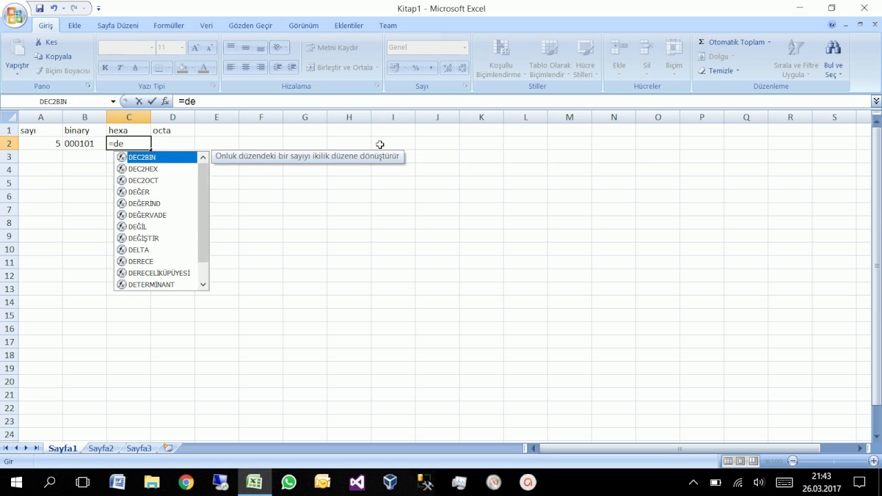 Excel'de Dec2bin dec2hex dec2oct formülleri - YouTube
