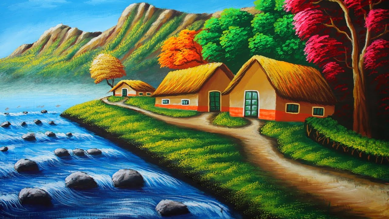 Mountain Riverside Village Scenery Drawing Painting Indian Village Mountain Riverside Village Scenery Drawing Painting Indian Village
