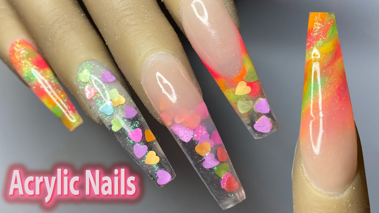 Encapsulated Confetti Hearts Neon Rainbow Acrylic Nails Tutorial #20 ...
