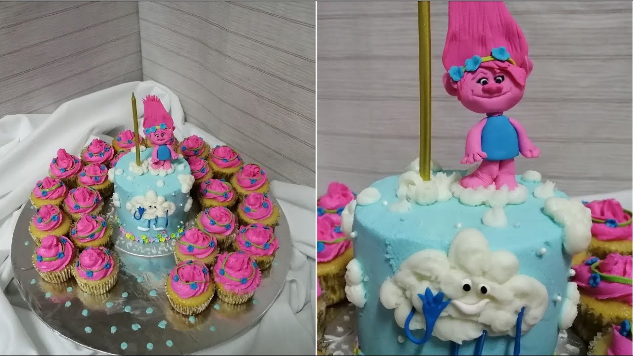 Princess Poppy Troll cake and cupcakes design | Buttercream piping ...