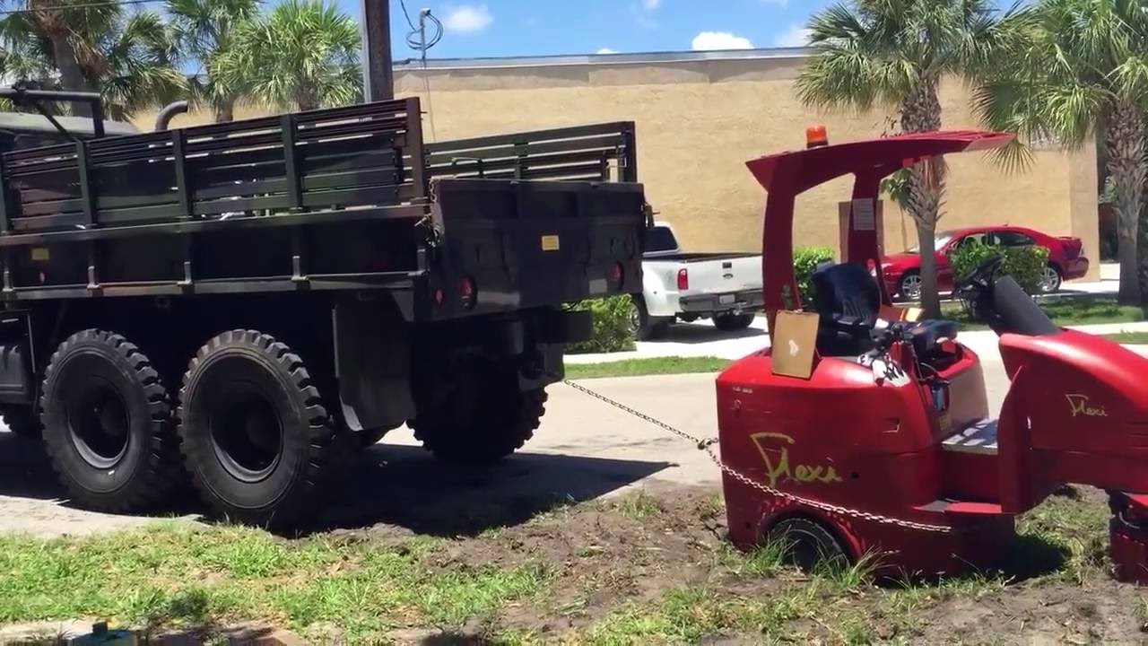 M923A2 pulling forklift out of ditch - YouTube
