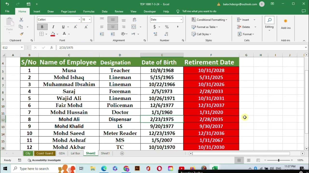 How to calculate Retirement date in excel | calculate employee year, date and day in excel - YouTube