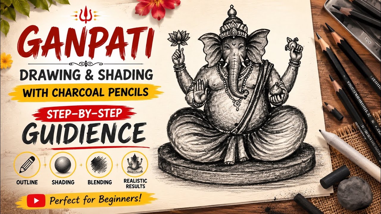 How To Draw Ganesha With Charcoal Pencils? | Vinayaka Drawing with ...