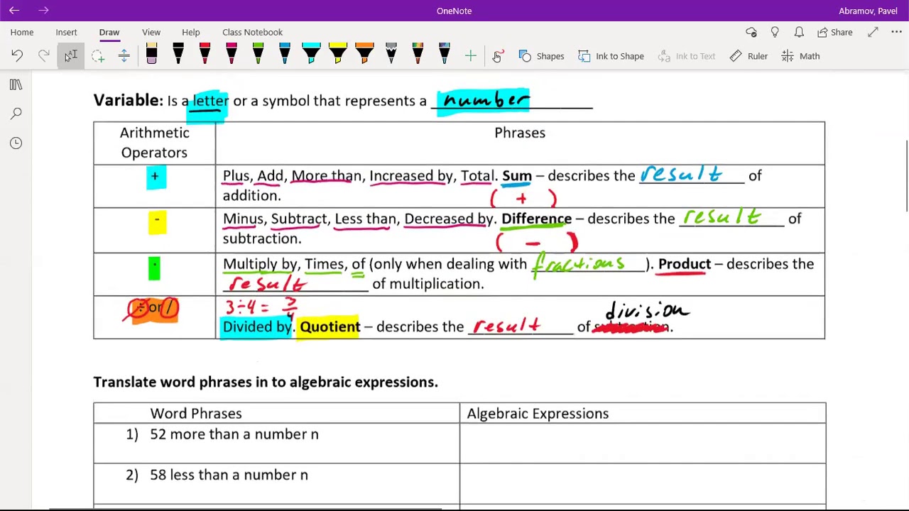 1.1 Part 1 Algebraic Expressions Write algebraic expressions from word ...