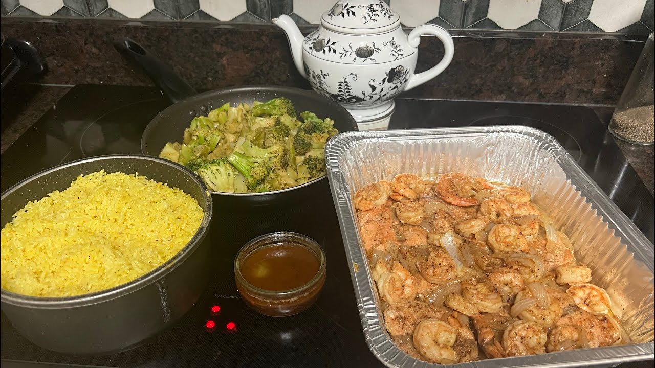 Pan fried Shrimp & Salmon with Rice and Broccoli! - YouTube