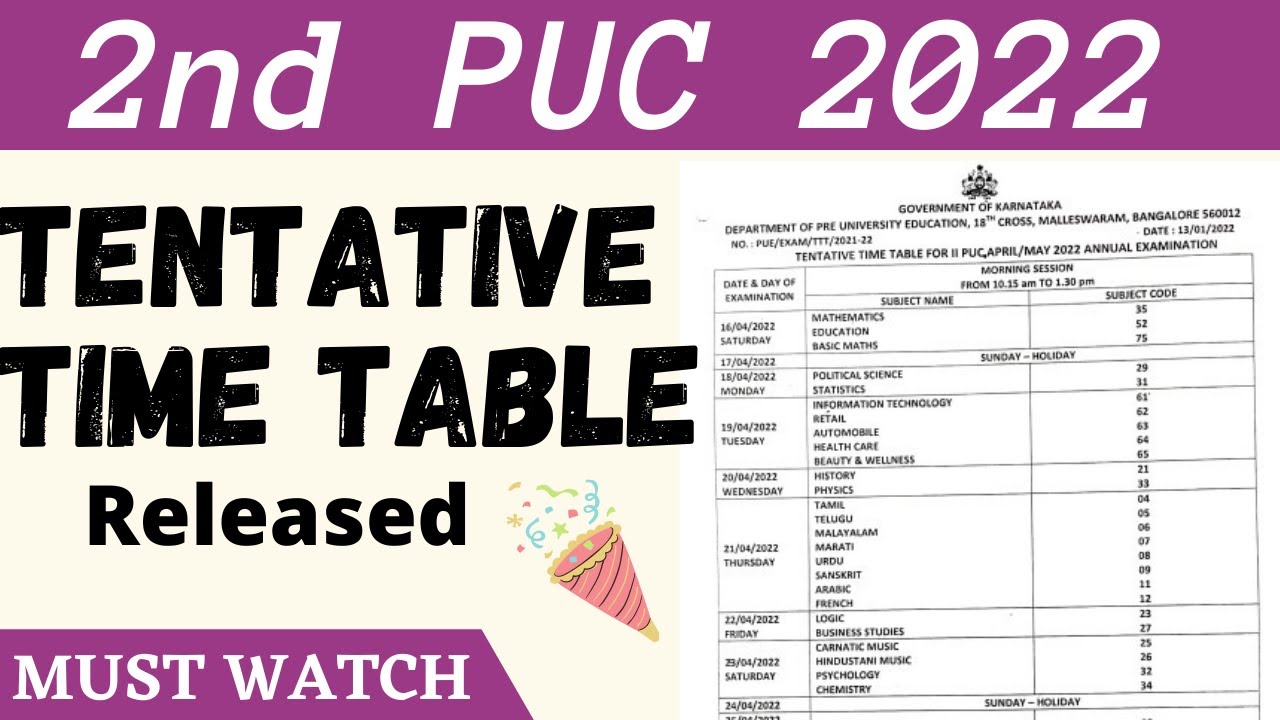 2nd PUC final exam 2022//Tentative time table released BY PUE board ...