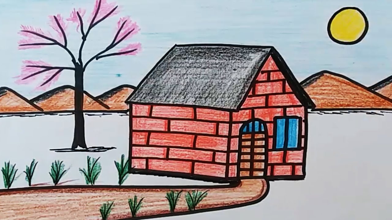 Easy landscape drawing for kids | House and nature drawing - YouTube