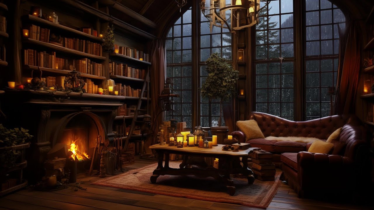 Relax In Old Library Ambience | Gentle Rain Sounds For Sleeping ...