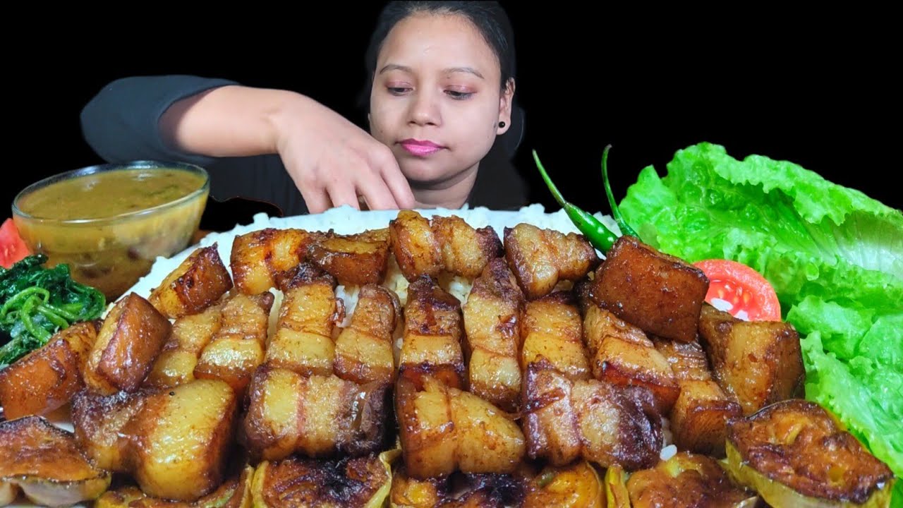 ASMR EATING SOY PORK BELLY WITH RICE, MIX DAL & EGGPLANT FRY | PORK ...