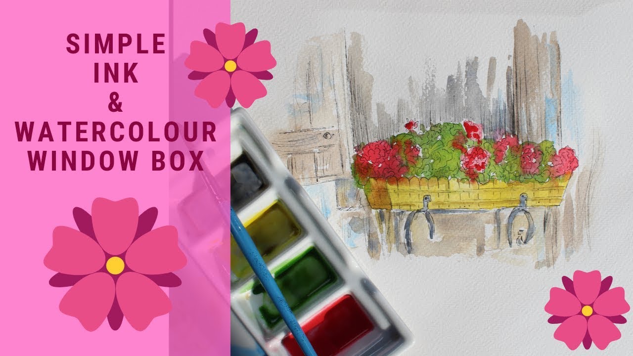 Quick, simple ink and watercolour painting of a window-box and flowers ...