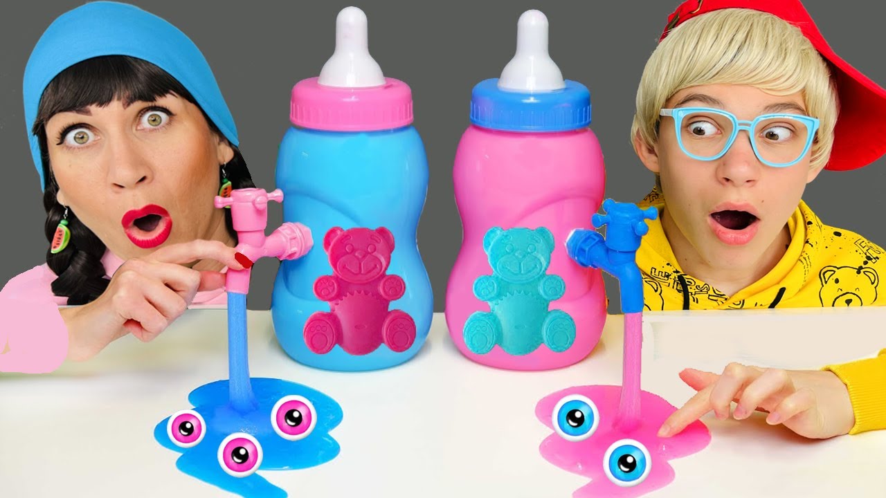 Giant Pink vs Blue Bottle Candy drink 컬러 보틀 캔디 젤리 먹방 Mukbang Collection ...