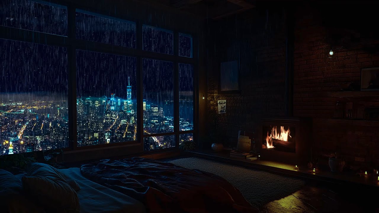 Night Rain in the City :Cozy Bedroom With A Night View Of New York In ...