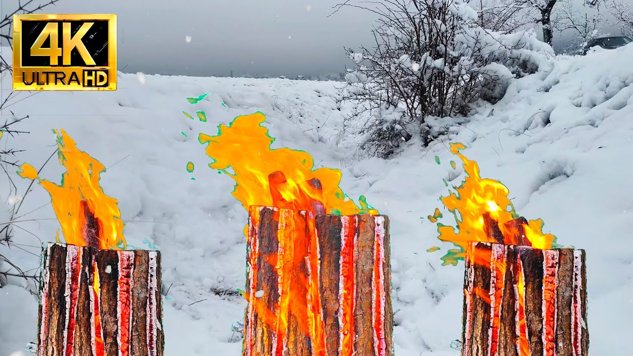 Snowfall, 3 logs burning in the snow. Organic sounds of nature. 🔥 ...