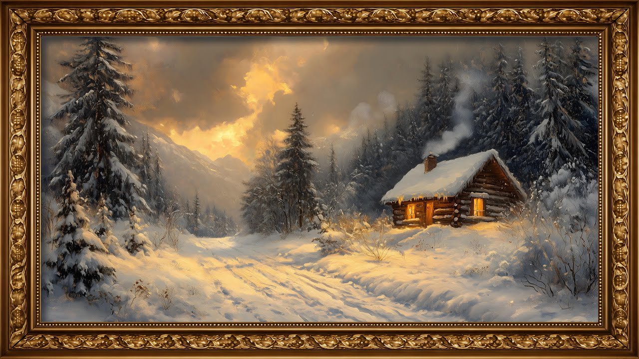 Cozy Snowy Cabin at Sunset | Vintage Winter Forest Art | 4K Frame TV ...