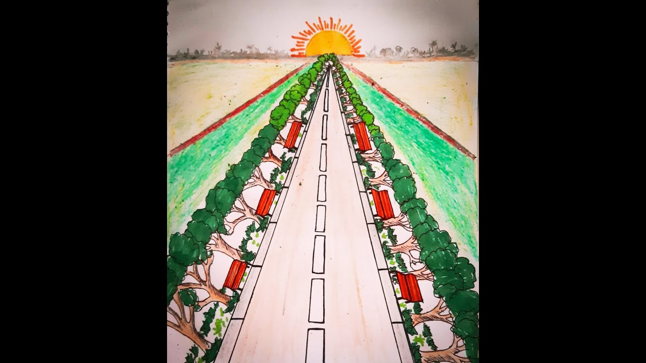How to draw a road side scenery with tree in 1 point perspective ︎ ...