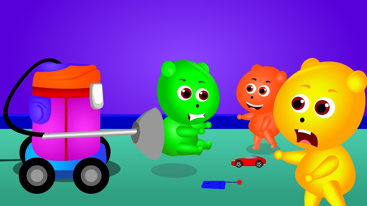 Mega Gummy bear crying stuck in vacuum cleaner finger family kids ...
