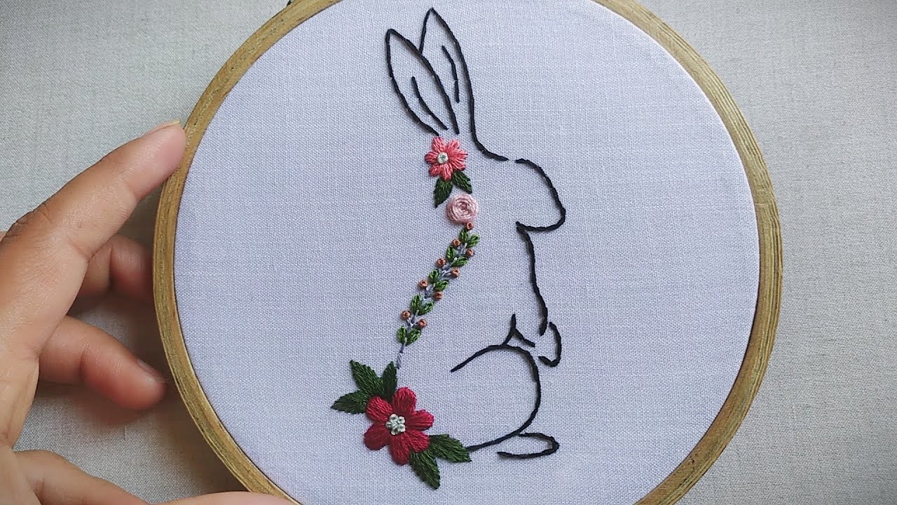 Rabbit and Flowers Hand Embroidery Tutorial || Hand embroidery for ...