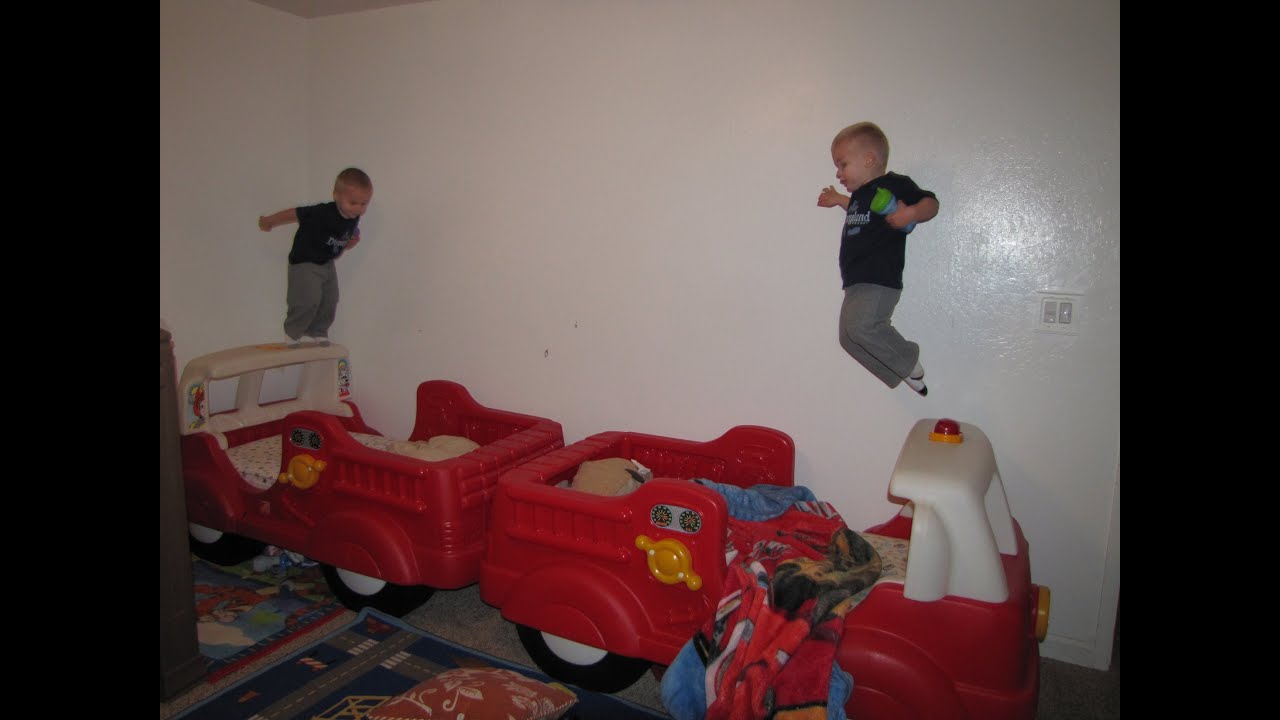 Cute Twins Free Fall & Jump into Their Step2 Firetruck Beds - Family ...