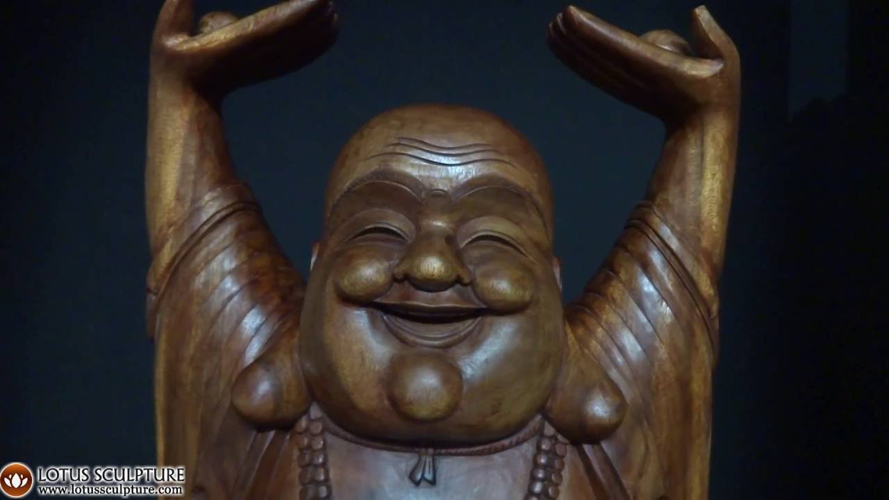 Large Wooden Standing Fat, Happy Hotei Buddha Statue www.lotussculpture ...