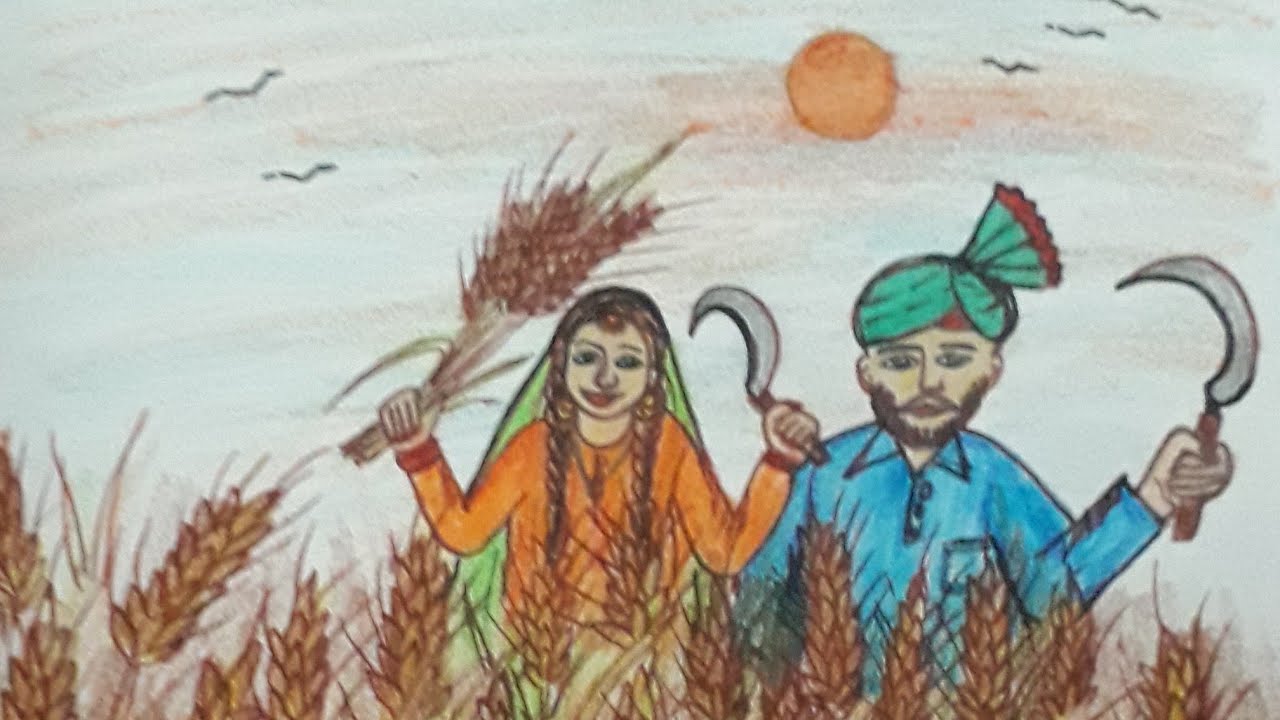 how to draw crop harvesting scenery - YouTube