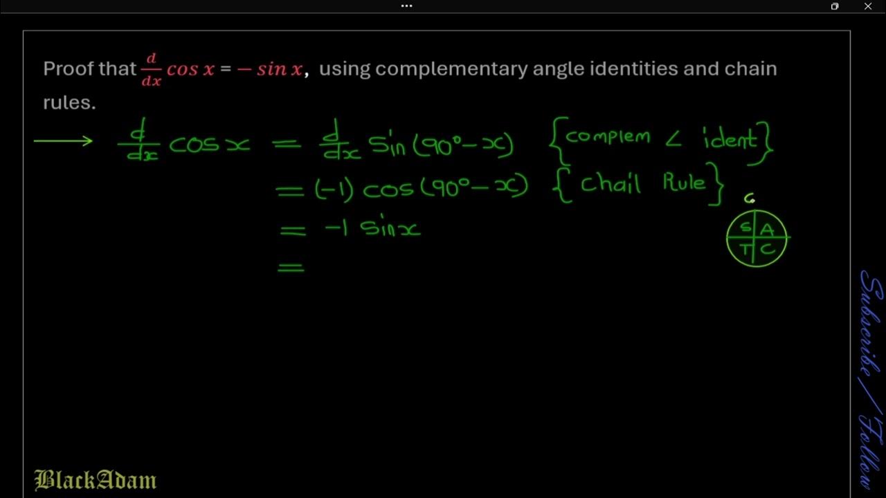 proof that derivative of a trigonometric functions, d/dx cosx = -sinx, calculus how to derive it ...