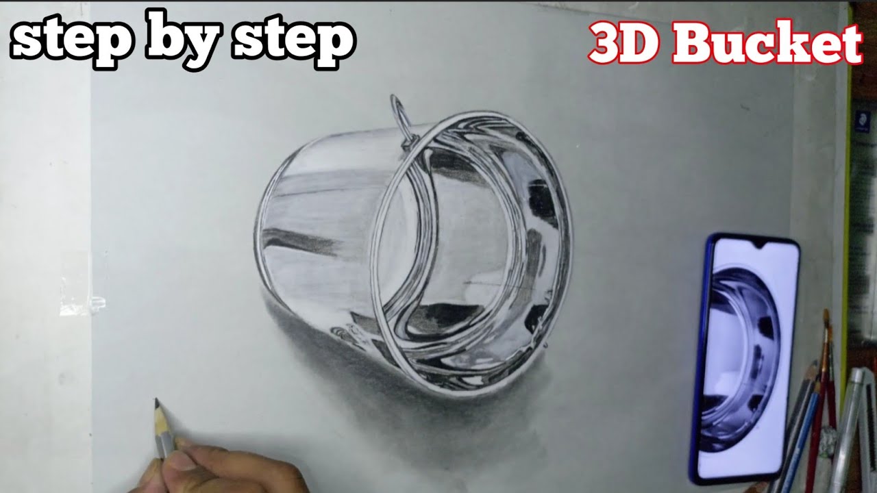 realistic 3D bucket drawing || 3D drawing || 3D बकेट ड्राइंग || 3d ...