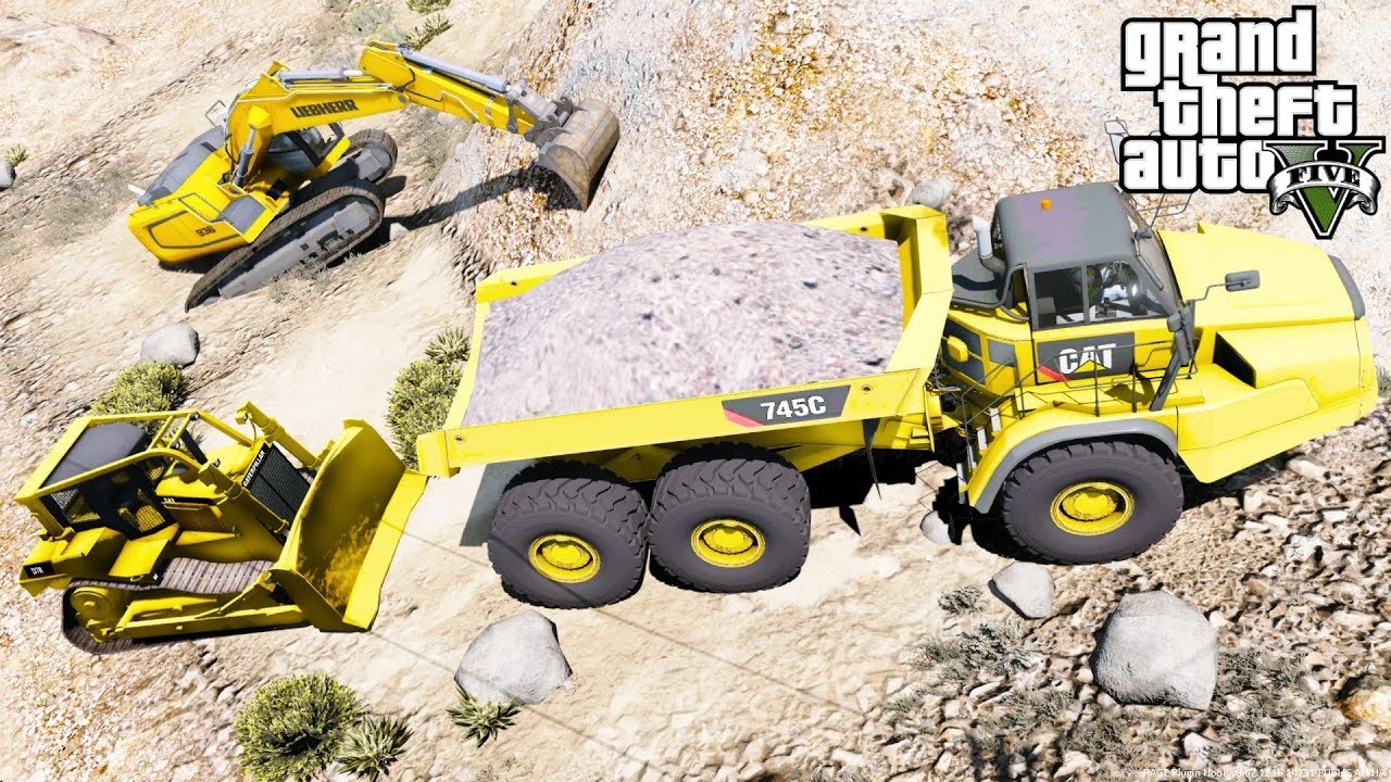 Construction Work With Off Road Dump Truck, Bulldozer & Excavator in ...