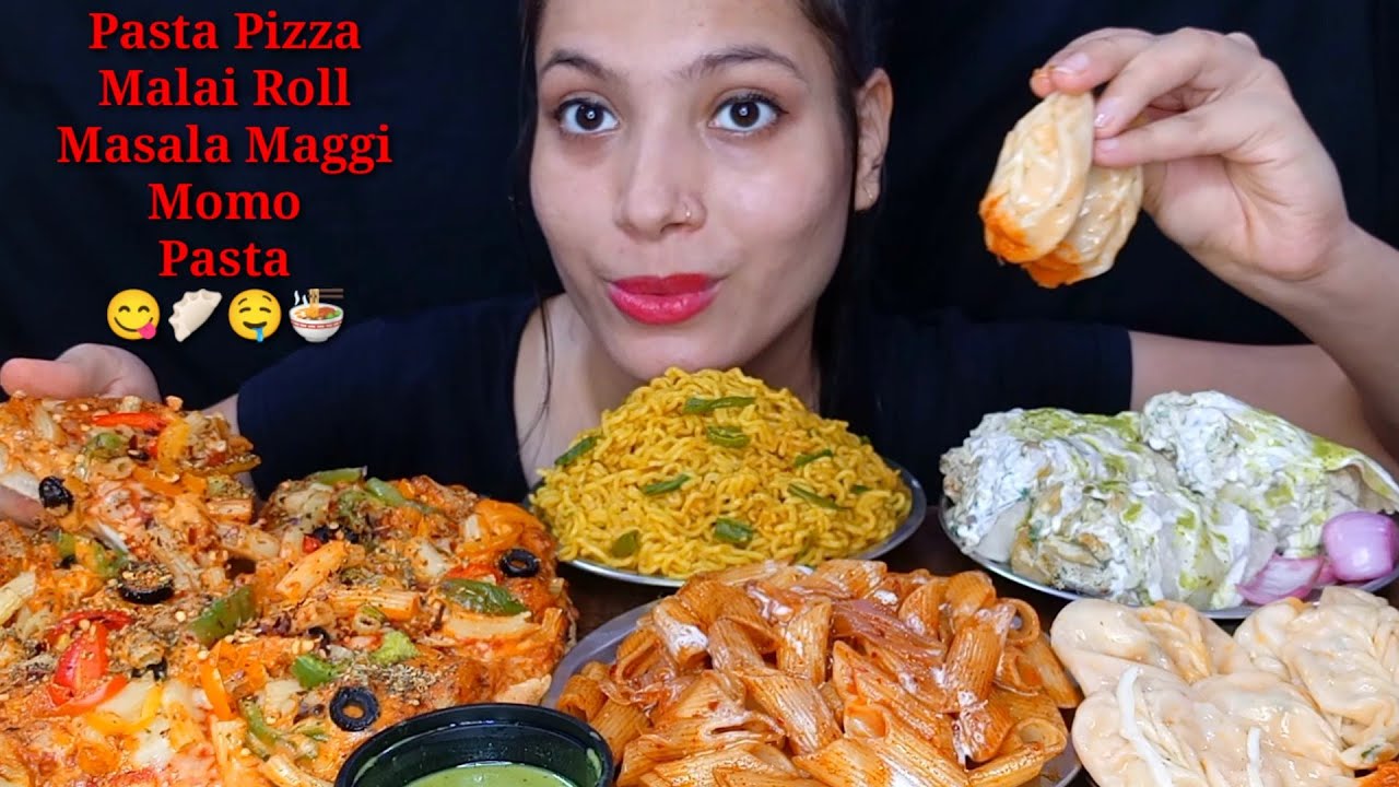 Eating Cheesy Pasta Pizza, Malai Chaap Roll, Tomato Pasta, Chilli ...