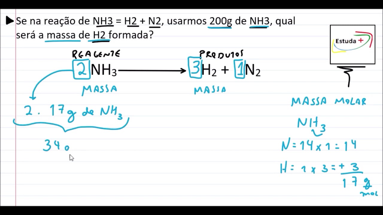 Se na reação de NH3 = H2 + N2, usarmos 200g de NH3, qual será a massa ...