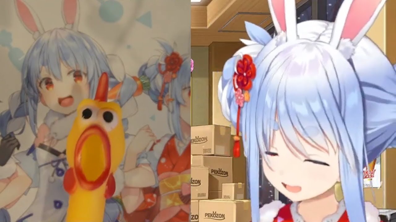 Pekora gets a rubber chicken for New Year's (also imitates its ...