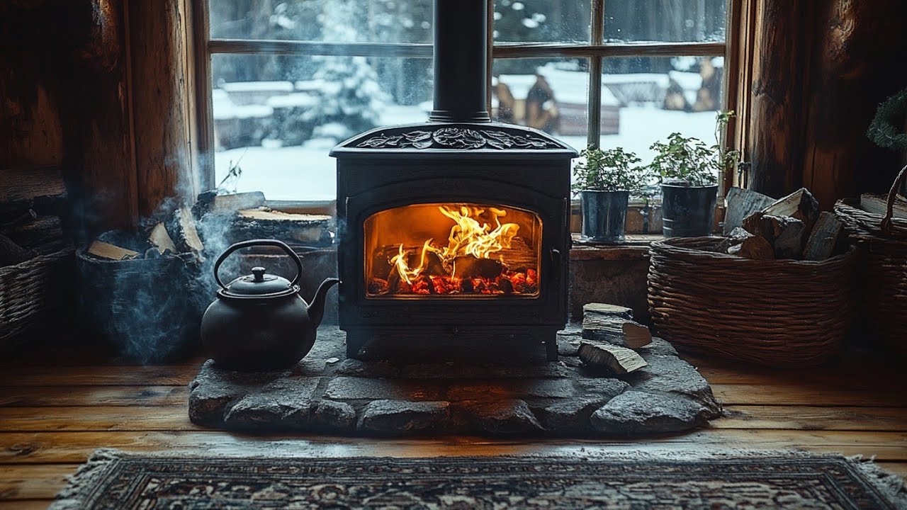 Cozy Winter Music | Burning Stove with Crackling Fire Sounds 🔥 Relaxing ...