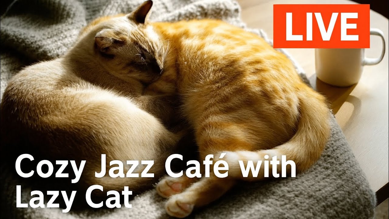 Cozy Jazz Café Live ☕🐾 | Relaxing Music with Sleeping Cat & Coffee ...