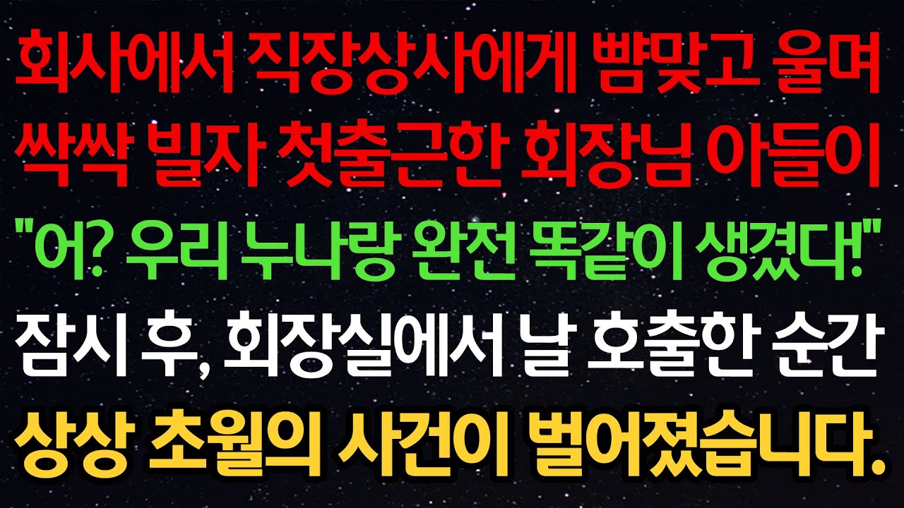 실화사연 회사에서 직장상사에게 뺨맞고 울며 싹싹 빌자 첫출근한 회장님 아들이 어 우리 누나랑 완전 똑같이 생겼다