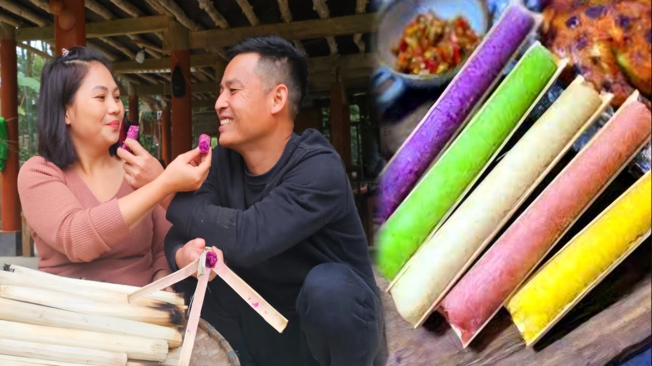 Bamboo tube rice next to an open fire - traditional dish of mountain ...