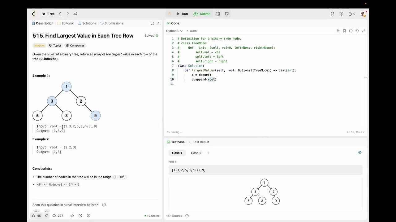 Find Largest Value In Each Tree Row - YouTube