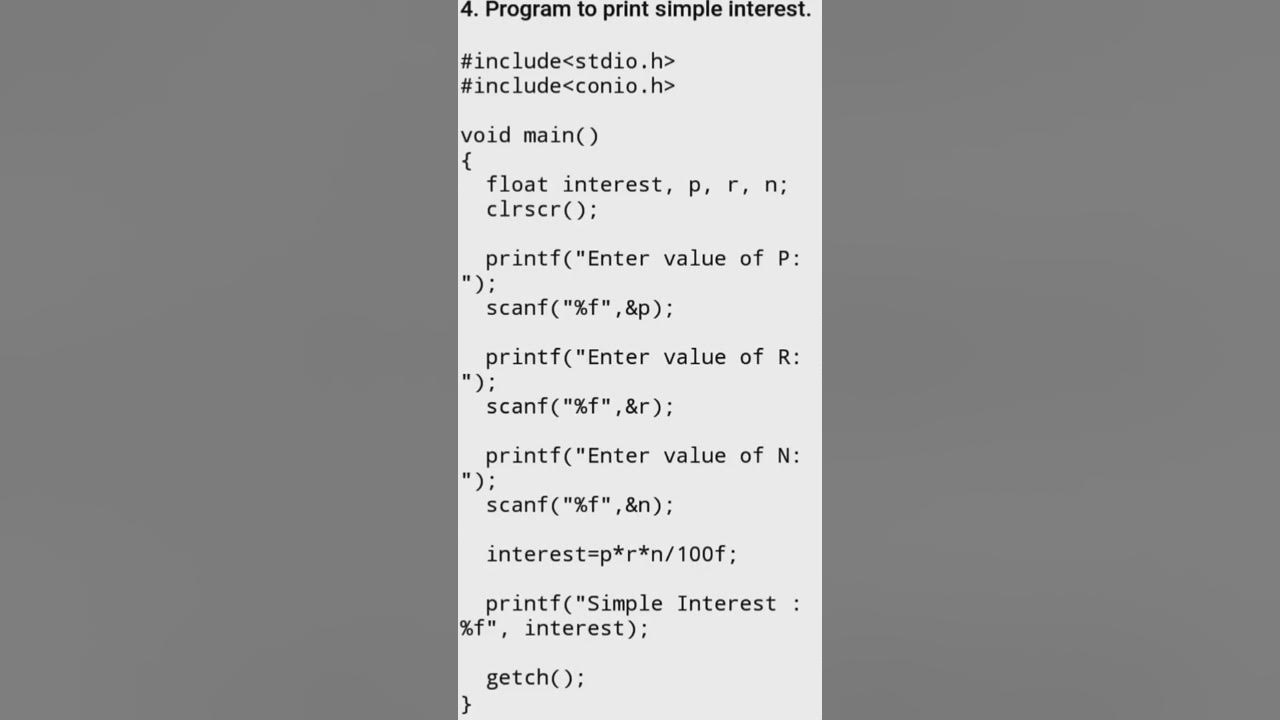 Program to print simple interest coding - YouTube